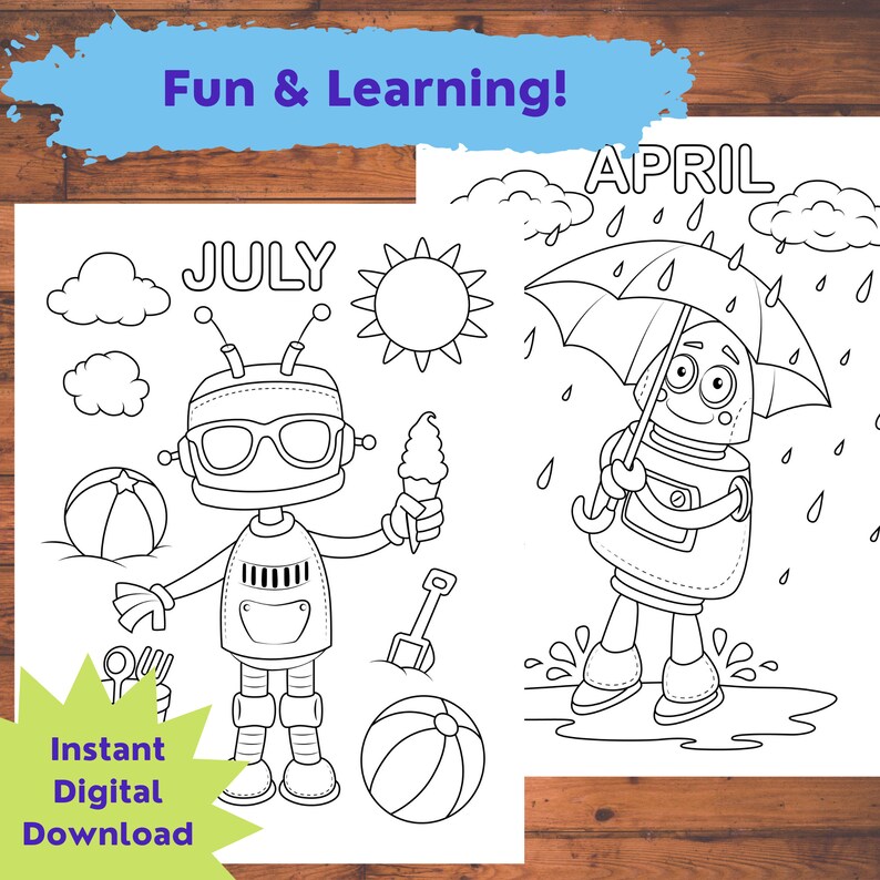 Robot Coloring Pages Months of the Year Printable Kids - Etsy