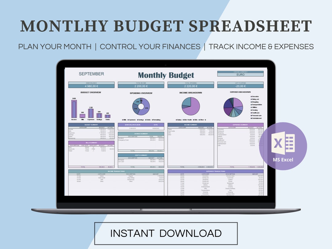 Monthly Budget Spreadsheet, Budget Template for Excel Personal Finance ...