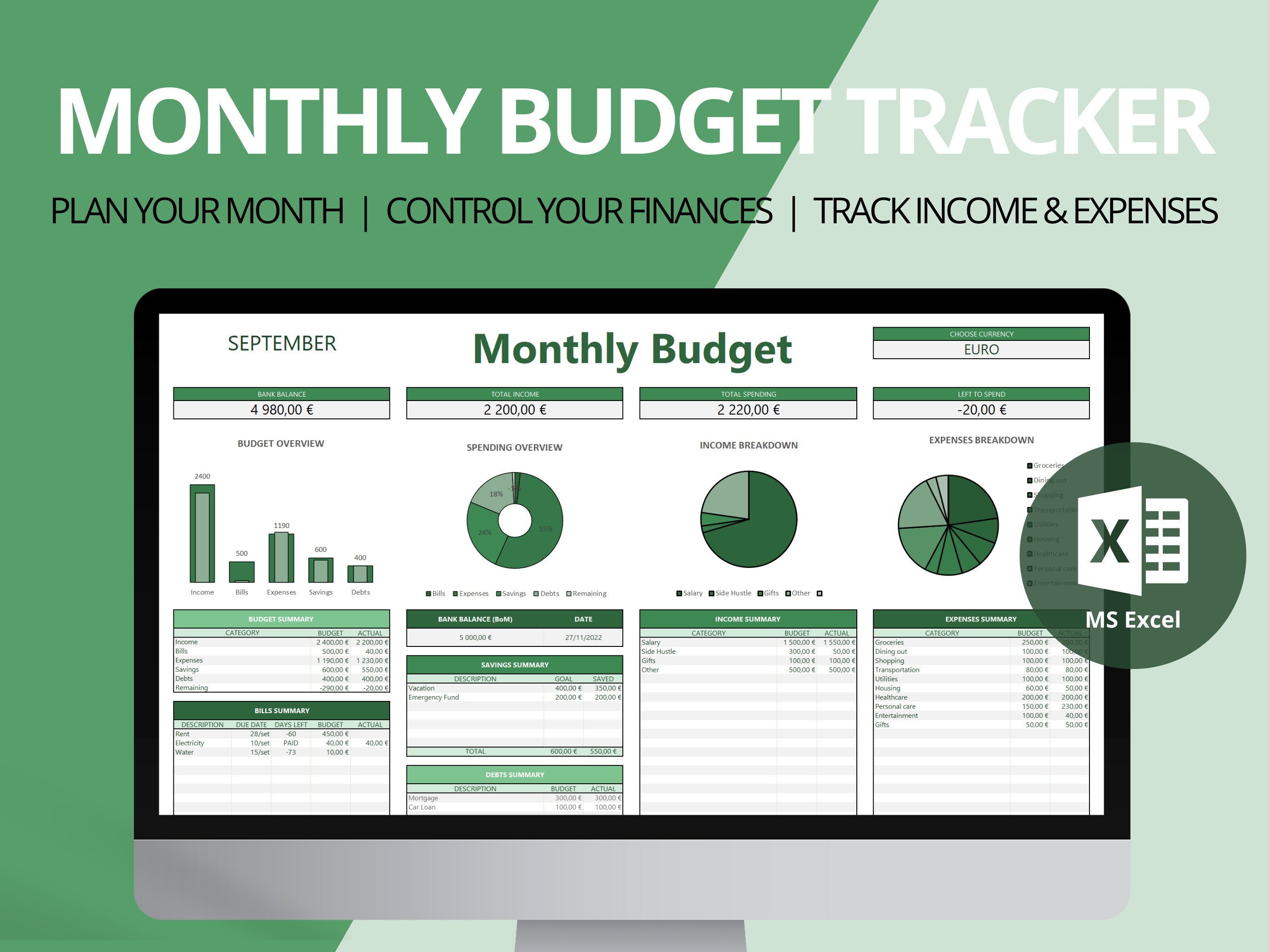 Monthly Budget Spreadsheet for Excel, Personal Finance, Monthly Income ...