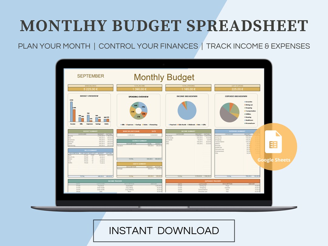 Monthly Budget Spreadsheet Budget Template for Google Sheets Personal ...