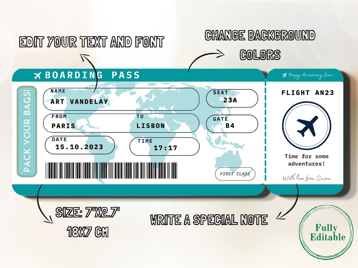 Editable Boarding Pass Template, Printable Airline Ticket, Canva ...