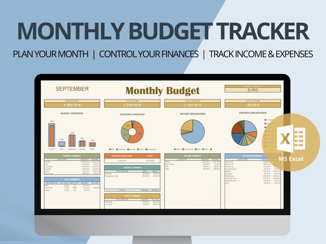 Monthly Budget Spreadsheet Template for Excel, Personal Finance Planner ...
