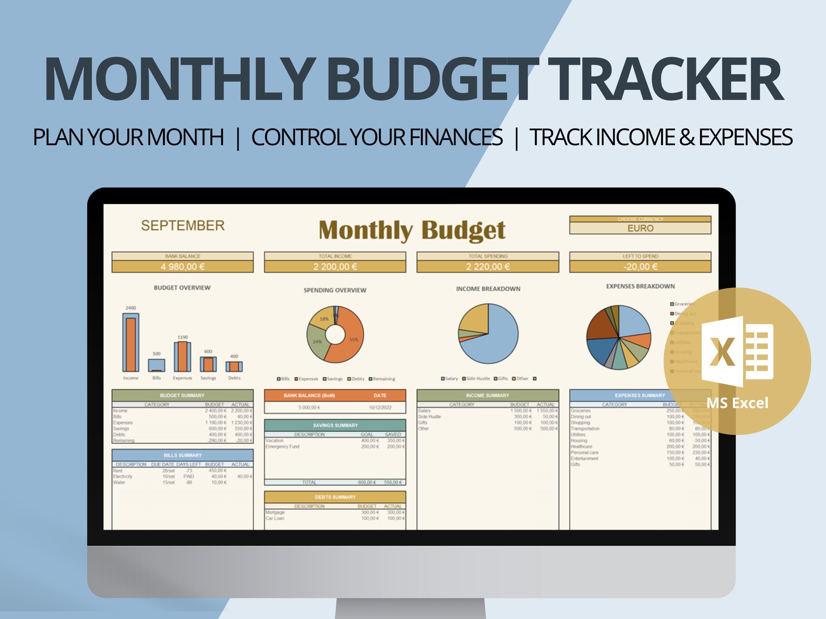 Monthly Budget Spreadsheet Template for Excel, Personal Finance Planner ...