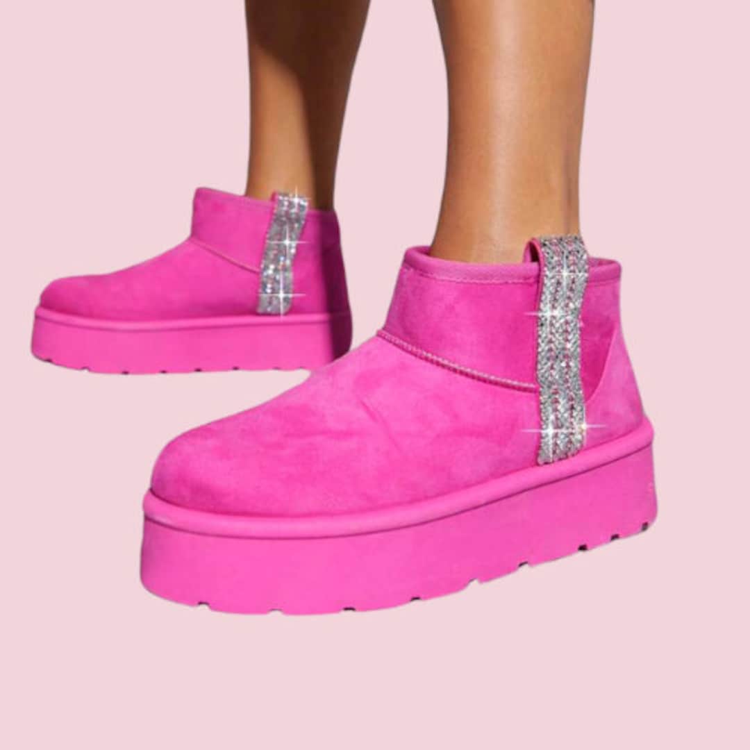 Hot Pink Rhinestone Inspired UGGS Platform Slip on Fuzzy Boots Shoes - Etsy