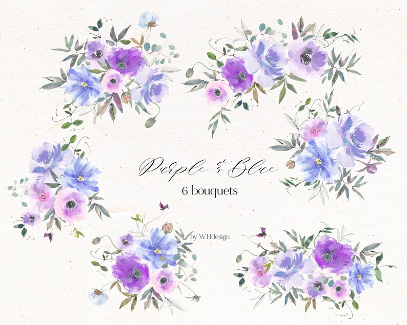 Purple Blue Clipart, Watercolor Floral Set, Garden Flowers Clipart ...