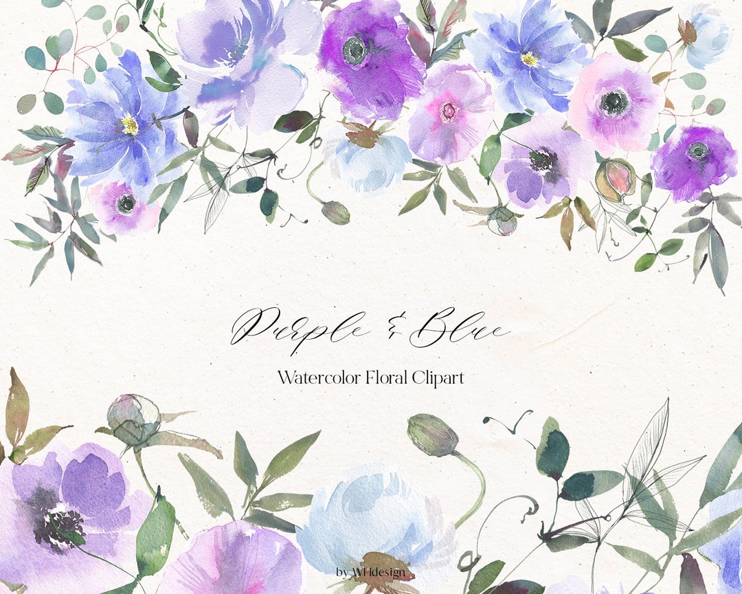 Purple Blue Clipart, Watercolor Floral Set, Garden Flowers Clipart ...