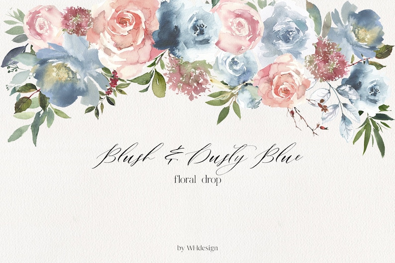 Watercolor Floral Digital Clipart PNG Pink Navy Blue Flower Clipart ...