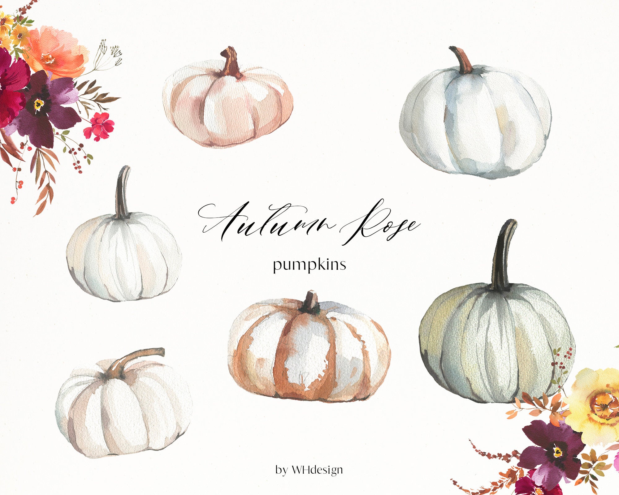 Watercolor Floral Clipart. Orange Dark Purple Flowers Clipart. Bouquet ...