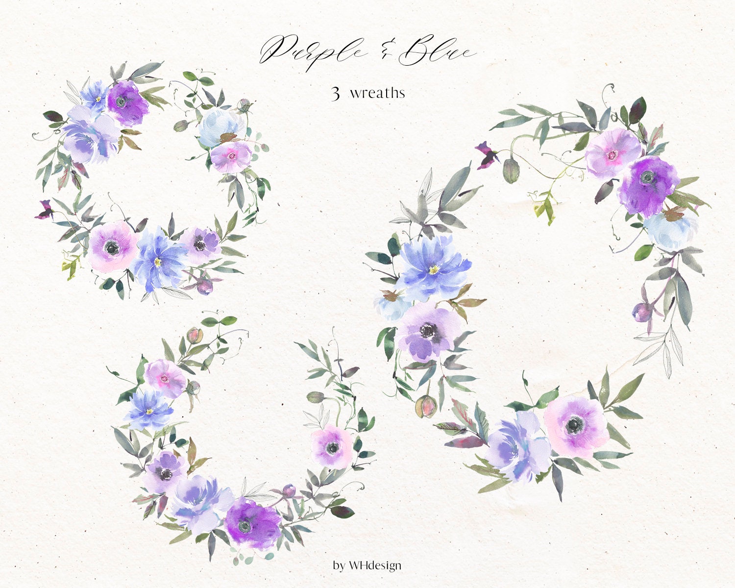 Purple Blue Clipart, Watercolor Floral Set, Garden Flowers Clipart ...