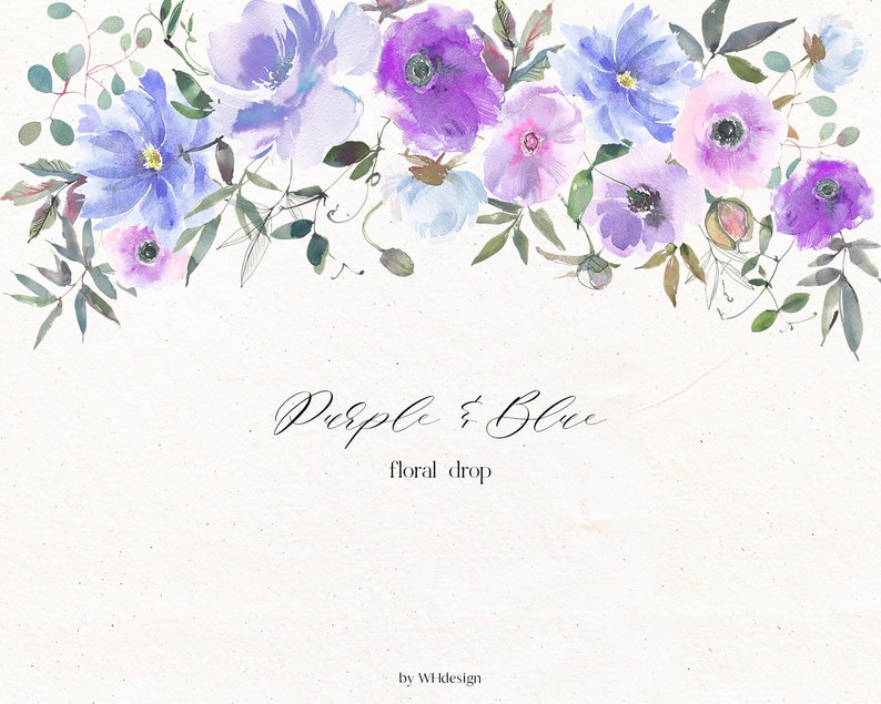 Purple Blue Clipart, Watercolor Floral Set, Garden Flowers Clipart ...