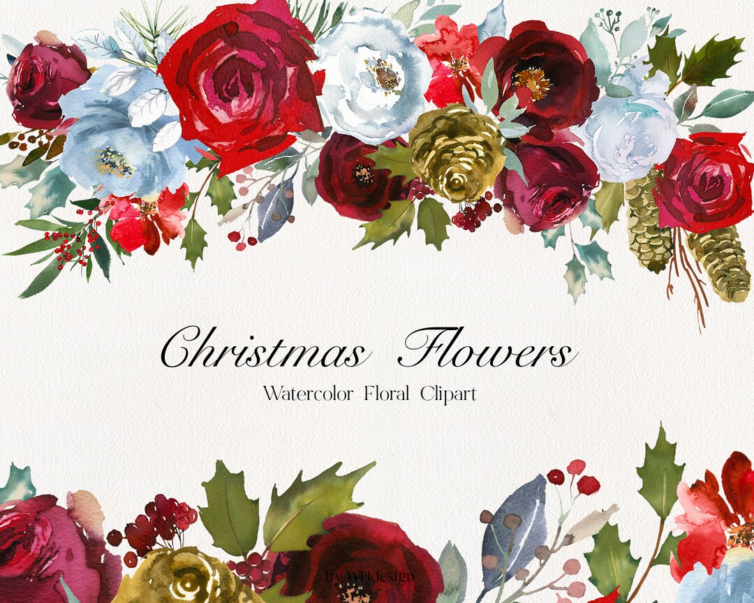 Christmas Flowers Clipart, Christmas Watercolor Floral Set, PNG ...