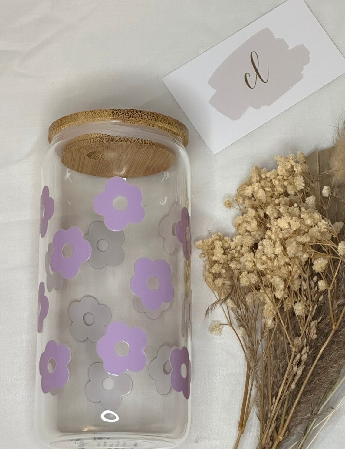 Purple Floral Cup, 16oz Glass Can, Reusable Glass Cup, Uv Dtf Wrapped ...