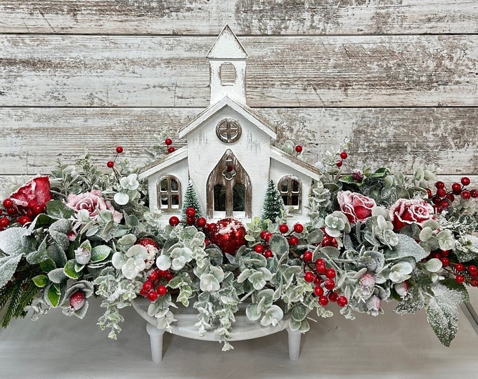 Winter Church Centerpiece, Frosted Red Rose Evergreen Christmas Table ...