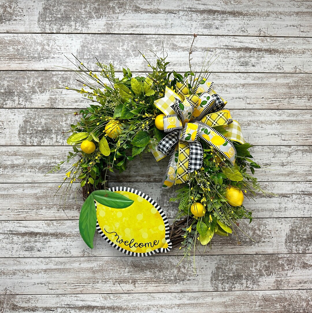 Welcome Floral and Lemon Front Door Wreath, Lemon Door Decor, Summer ...