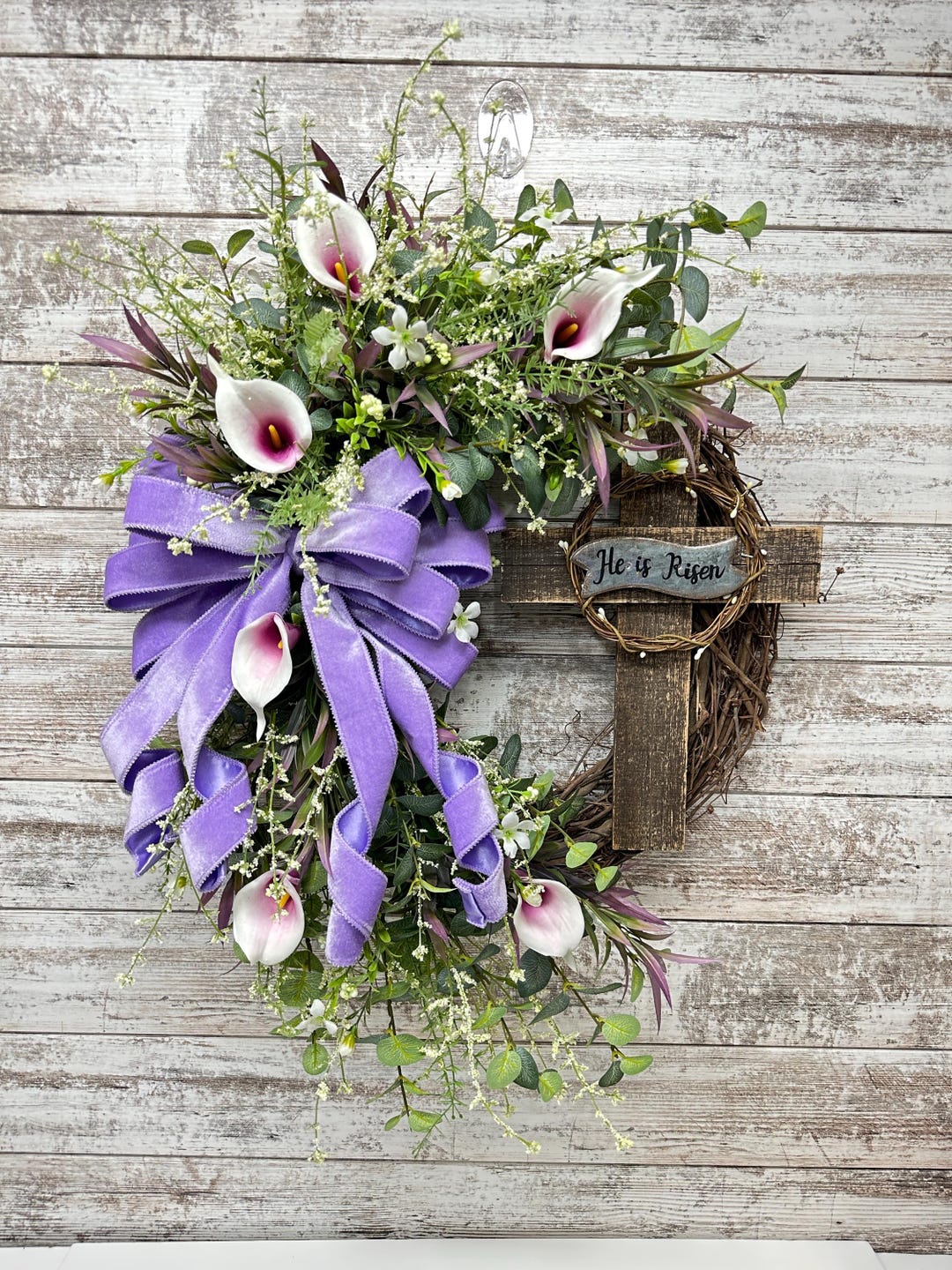 He is Risen Easter Wreath, Christian Front Door Wreath, Purple Calla ...