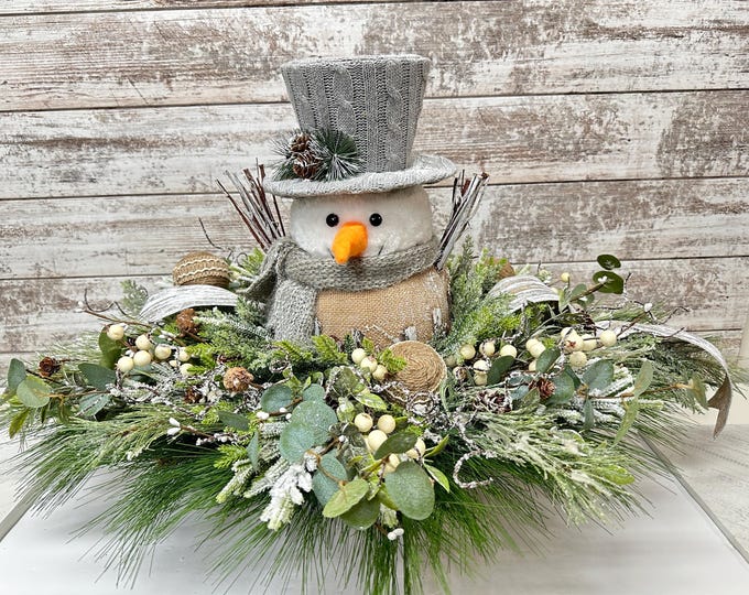 Christmas Snowman Centerpiece, Holiday Snowman Table Decor, Farmhouse ...