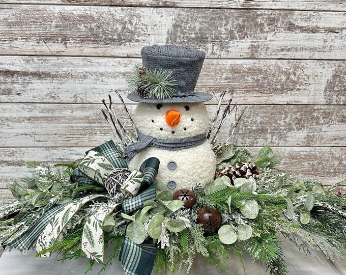 Snowman Christmas Centerpiece, Frosted Pine and Eucalyptus Holiday ...