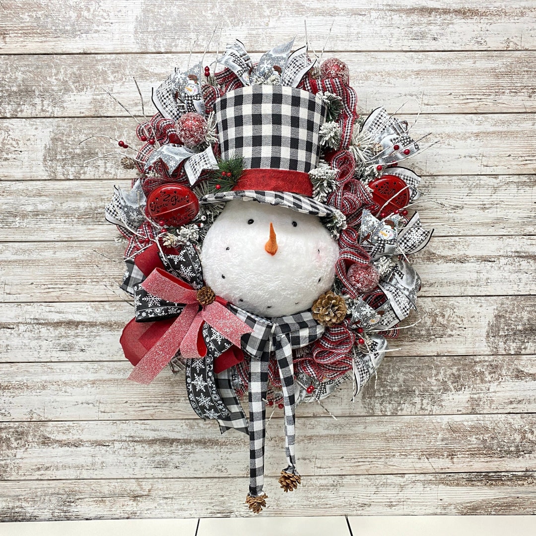 Winter Buffalo Check Snowman Front Door Wreath, Holiday Snowman, Winter ...