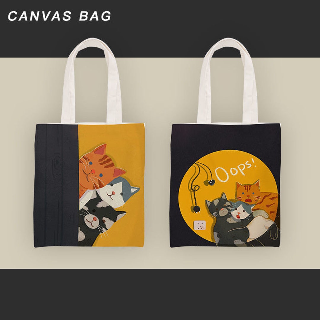 Hand-drawn Cute Cats Tote Bag With Zip - Whimsical Kittens Artwork ...