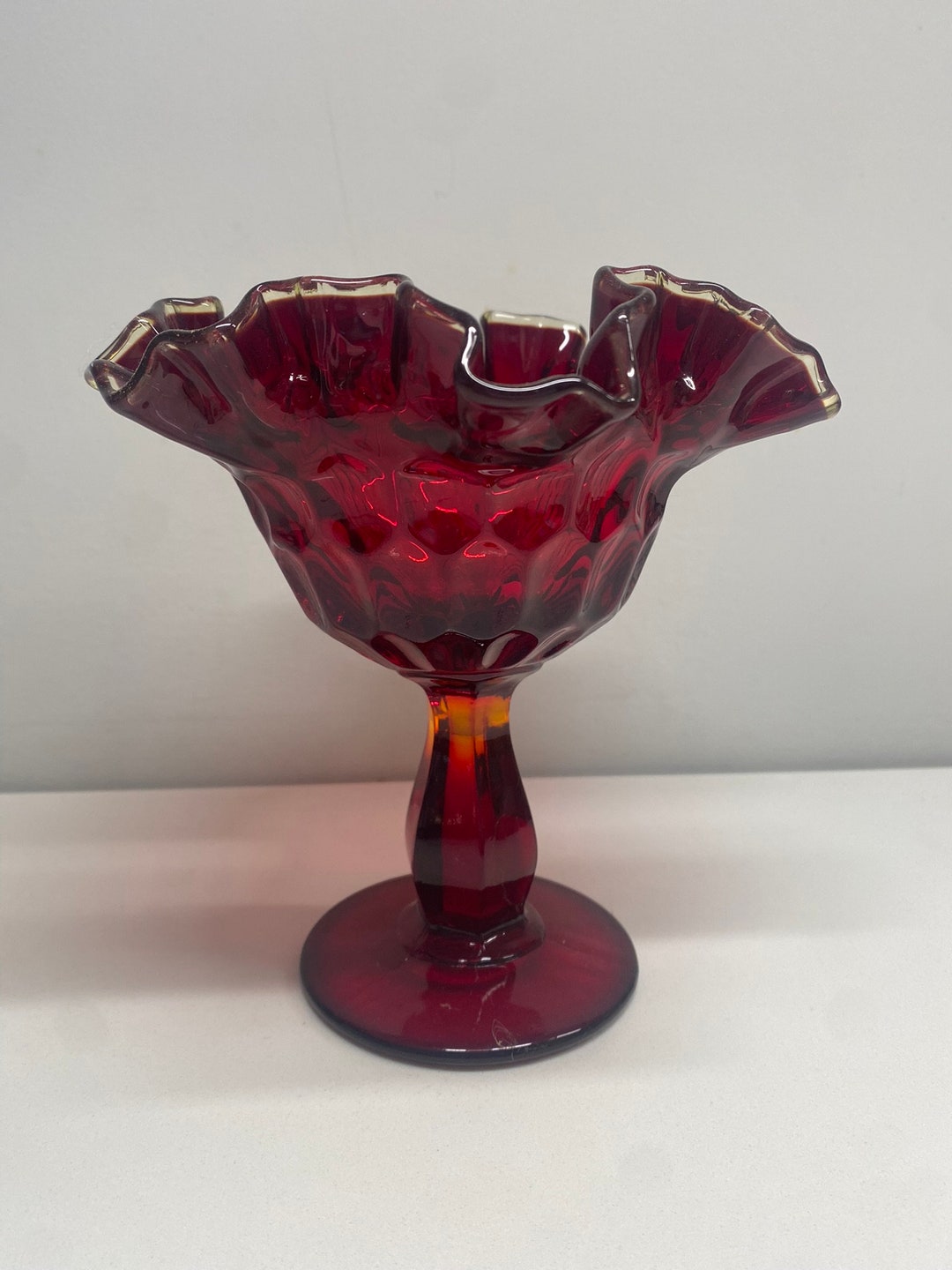 Vintage Fenton Ruby Red Thumbprint Candy Dish With Ruffled Edge - Etsy