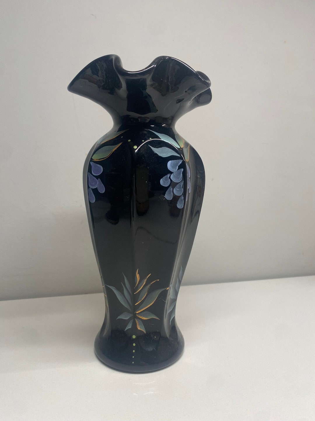 Vintage 1990s Fenton Black Ruffled Top Vase, Hand Painted and Signed by ...
