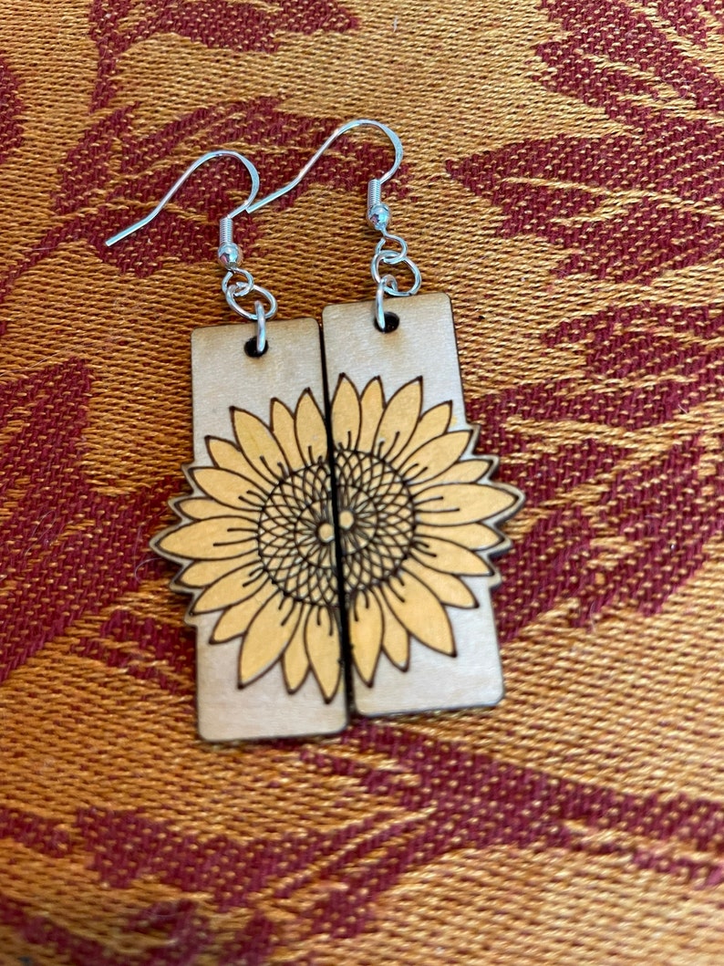 Sunflower Rectangle Halves Wood Dangle Earrings - Etsy