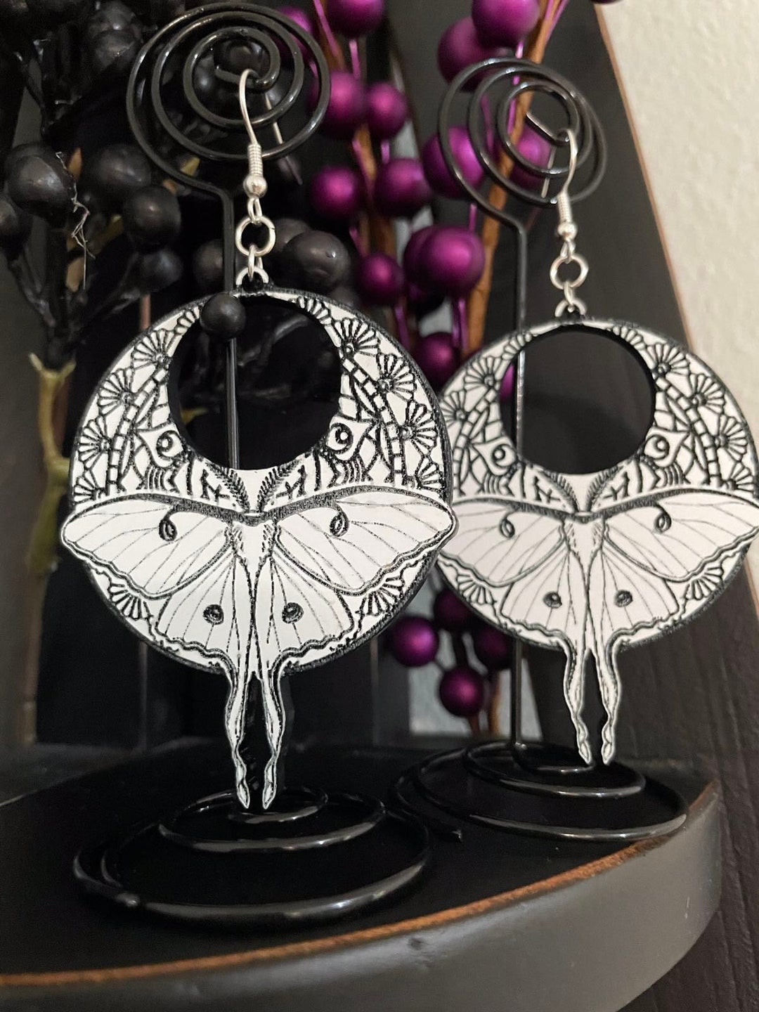 Luna Moth Dangle Two Toned Black and White Acrylic Earrings - Etsy