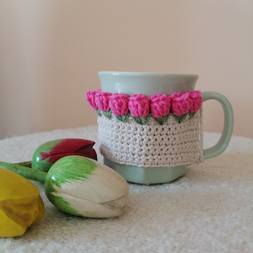 Crochet Mug Cozy: Handmade Knitted Cup Sleeve With Tiny Flowers - Etsy