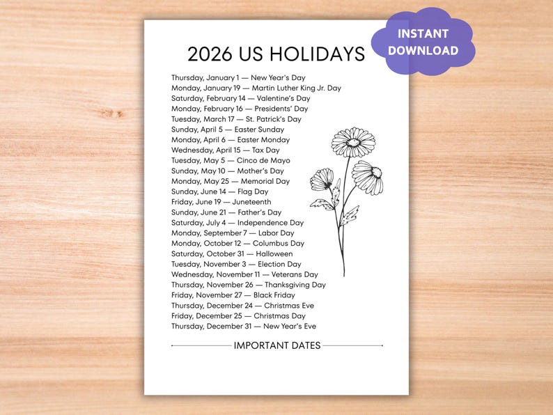 2026 US Holidays List Printable PDF, Federal Holidays + Observances ...