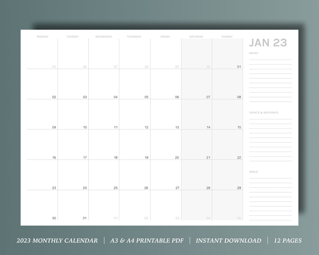 2023 A3 Calendar Printable with Dates 2023 Monthly Planner - Etsy