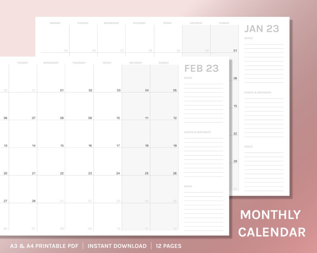 2023 A3 Calendar Printable with Dates 2023 Monthly Planner - Etsy