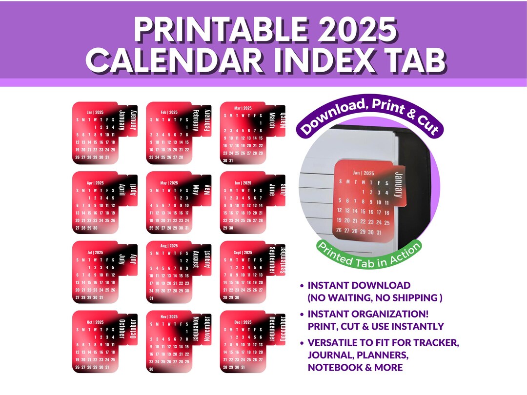 Mini Calendar 2025 Tabs | Floating Planner Tab Stickers | Red Monthly ...