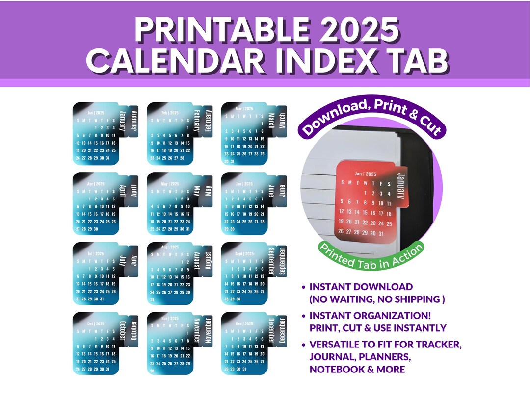 Month Index Tabs Planner Stickers for Journal | Blue Printable 2025 ...