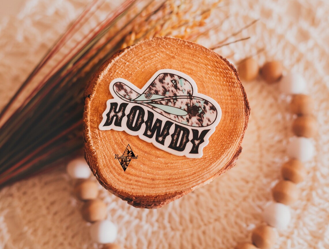 Howdy Western Sticker, Cowboy Hat, Teal, Cow Print, Howdy, Western ...