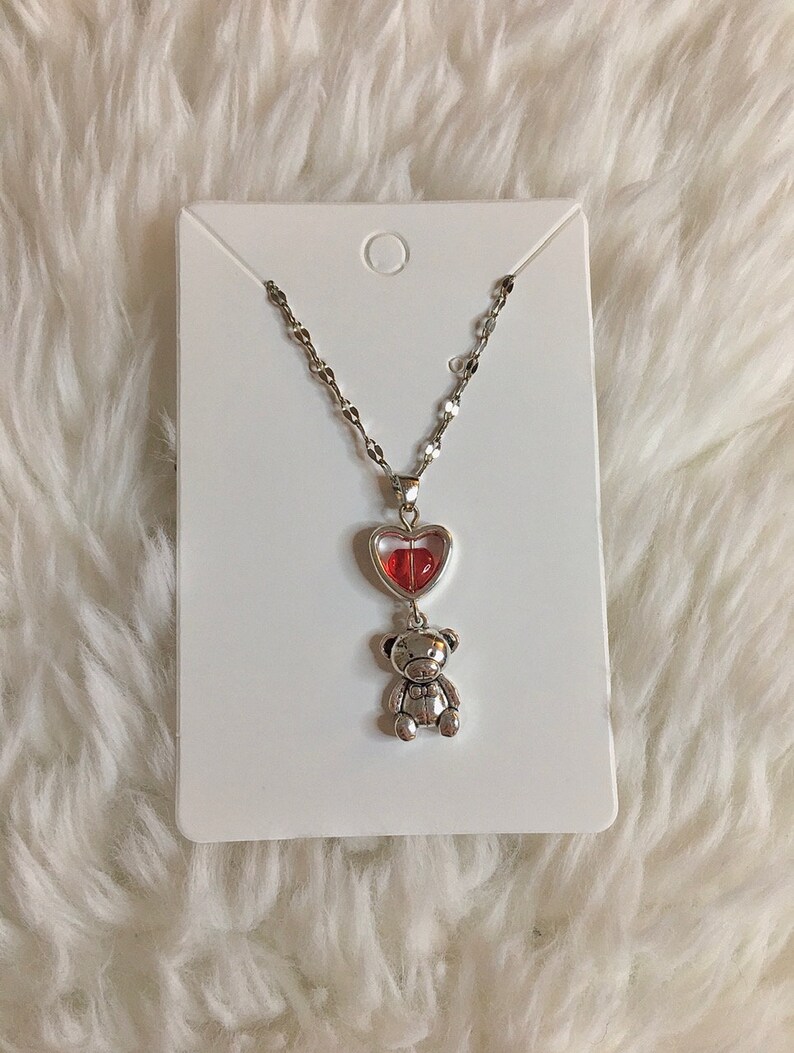Silver Red Heart Bear Chain Necklace - Etsy