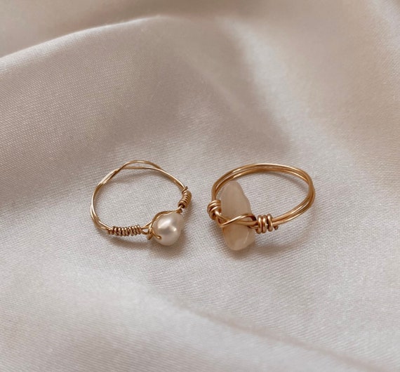 Neutral Stone Pearl Ring Set - Etsy