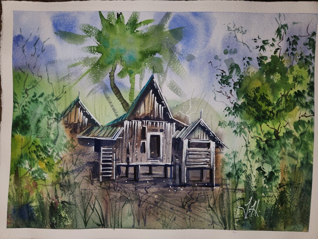 Serene Coastal Hut Watercolour Painting - Tranquil Escape - Etsy