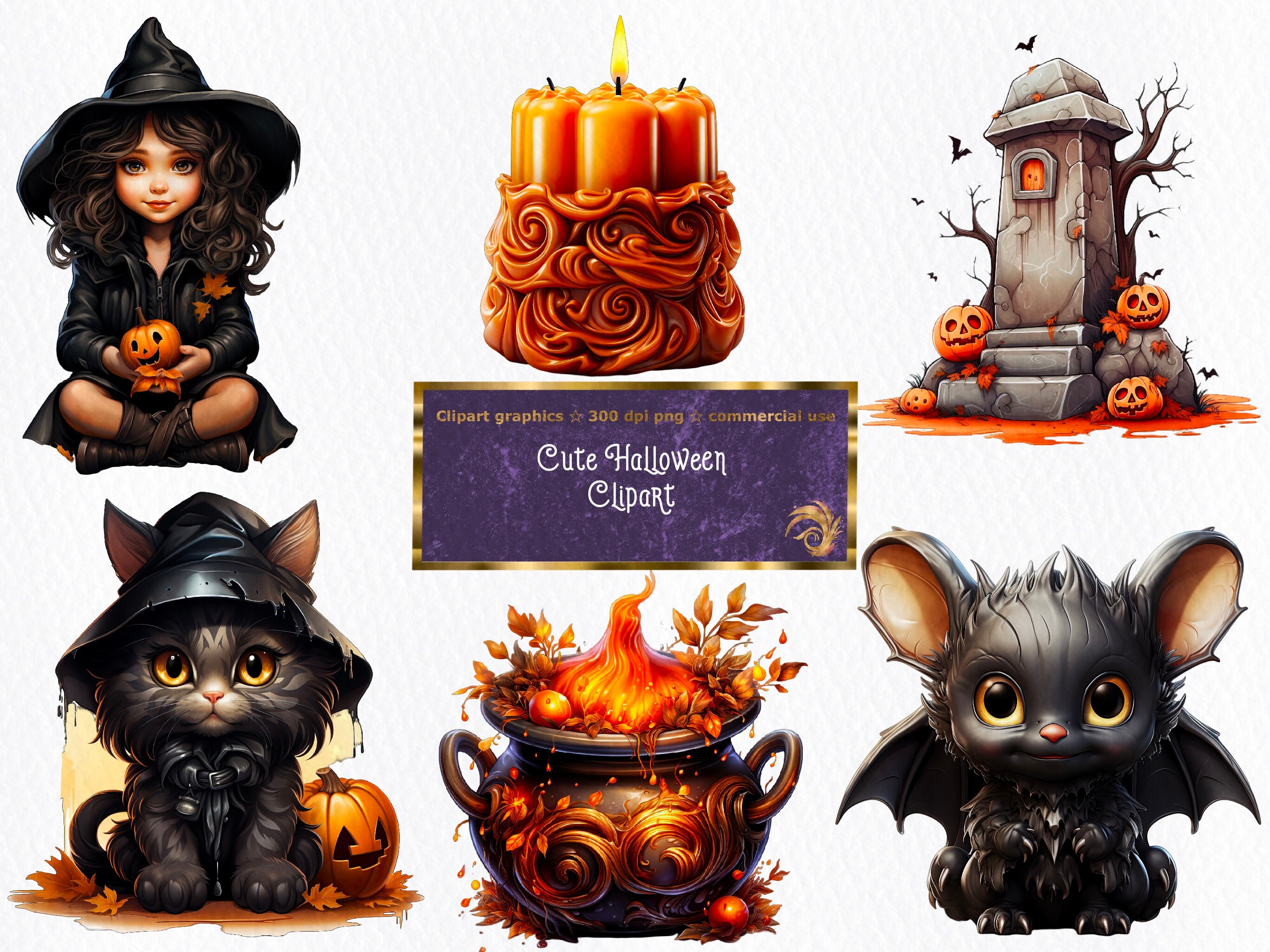 Cute Halloween Clipart Set of 18 Digital Clipart PNG Files - Etsy