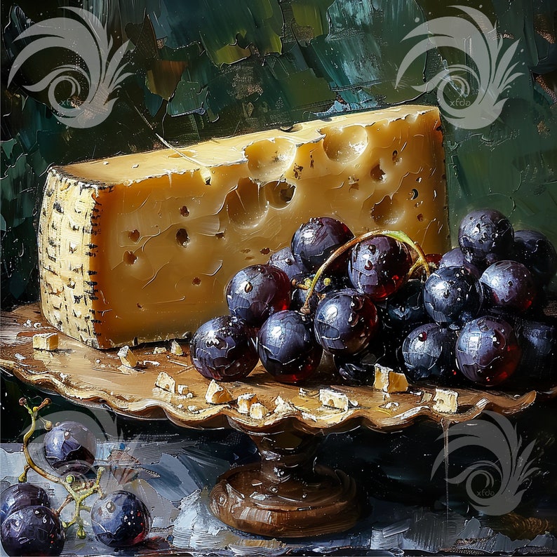 Impressionist Oil Painting of Cheese and Grapes, a Still Life Digital ...