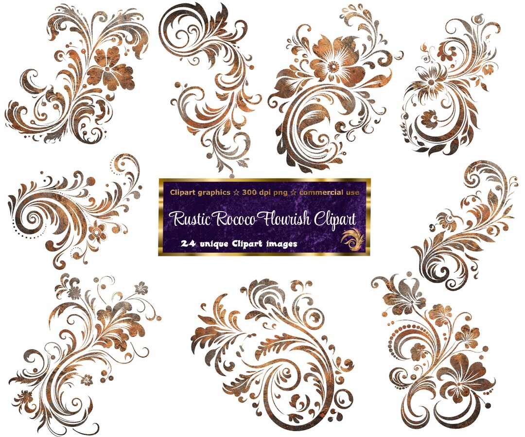 Rustic Rococo Flourish Clipart: Vintage Floral PNG Elements (commercial ...