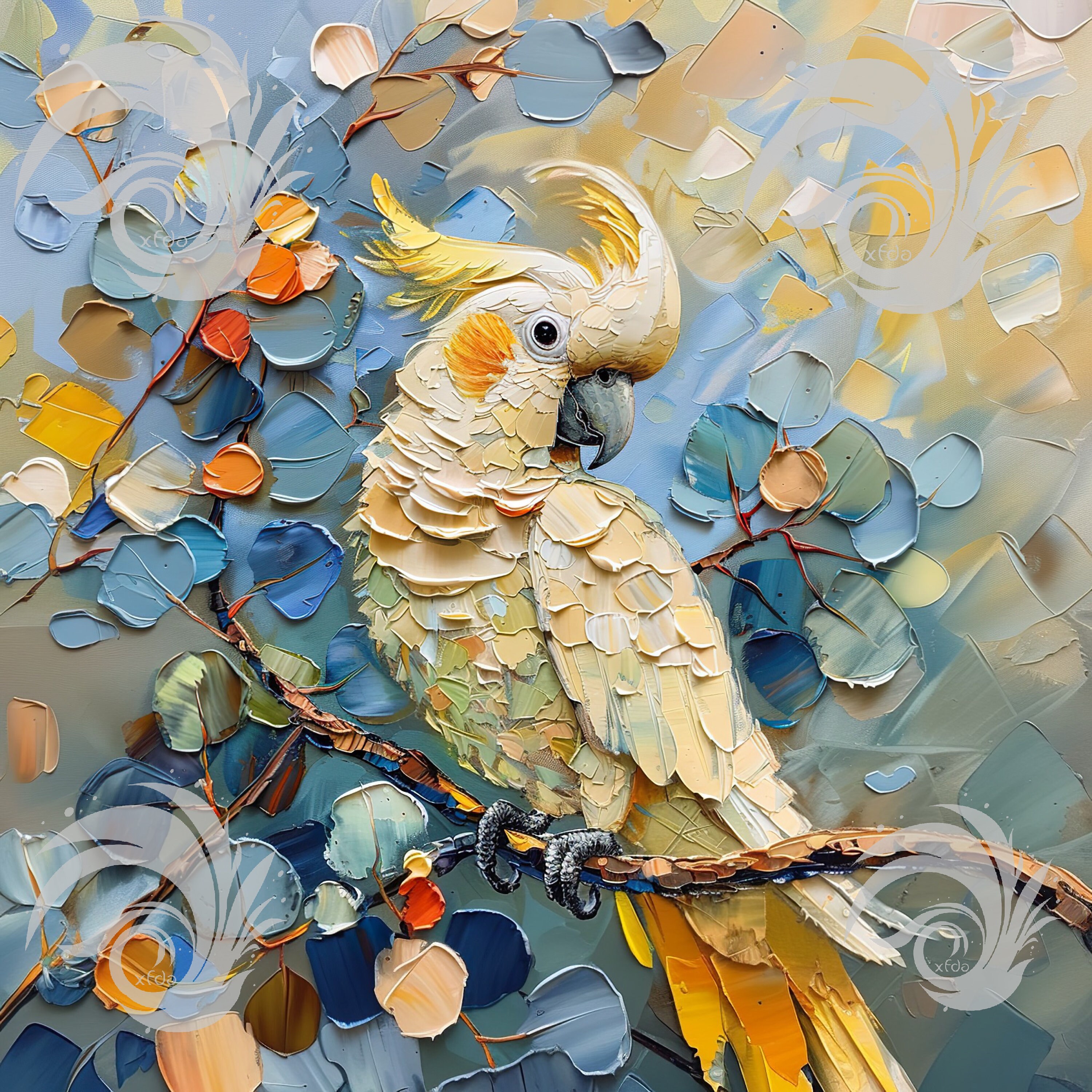 Impressionist Australian Sulphur Crested Cockatoo Oil Painting on Blue ...