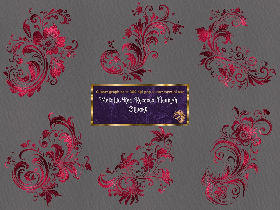 Magical Red Metallic Rococo Flourishes - 24 Digital Clipart Images for Creative Projects ...