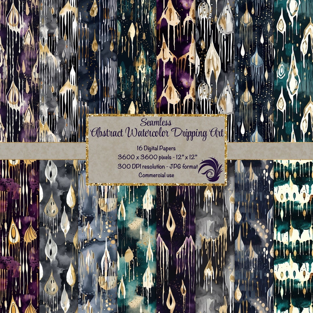 Abstract Drip Art Delight Watercolor Seamless Digital Papers in Purple ...