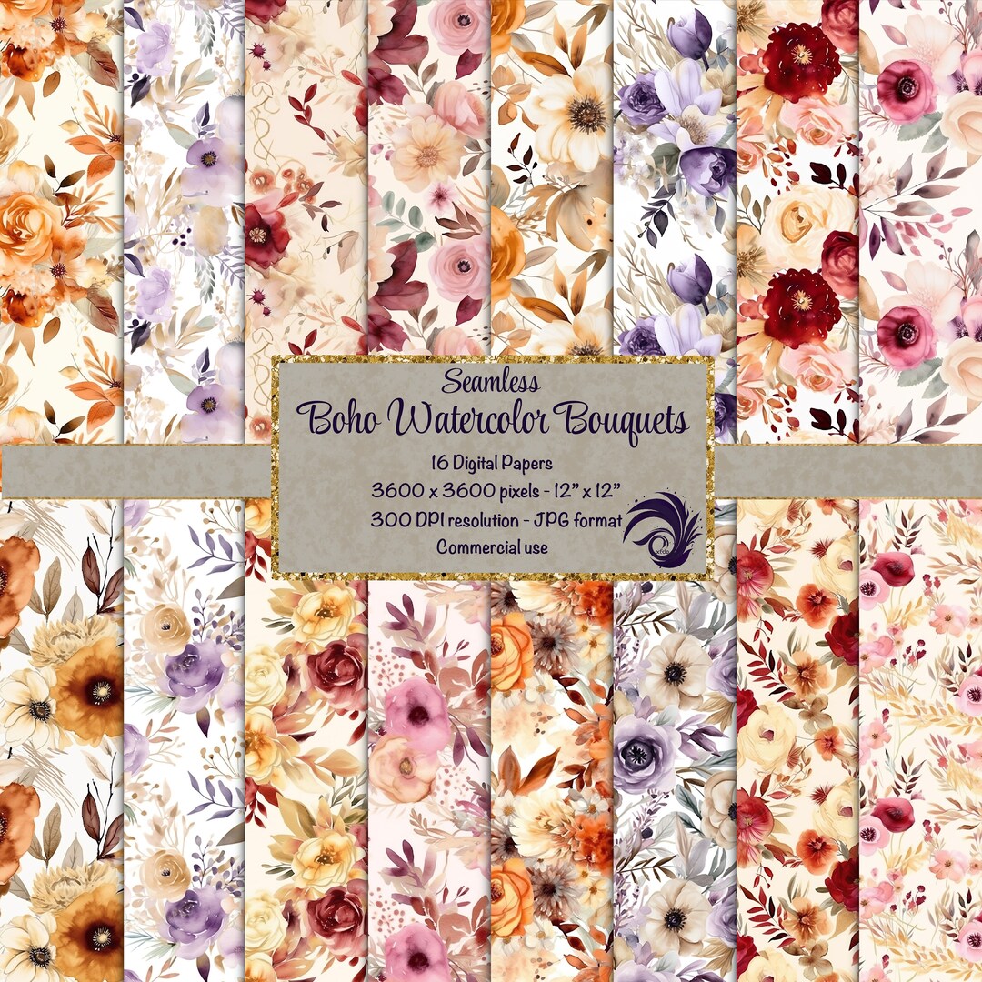 Watercolor Flower Bouquet Digital Paper: Boho Floral Pattern (digital ...