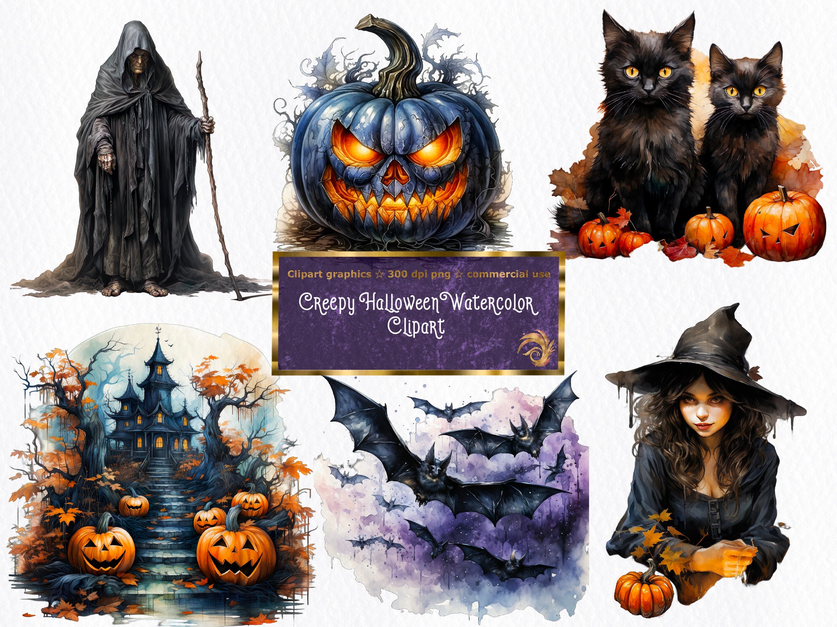 Creepy Halloween Clipart- Set of 18 Digital Watercolor Clipart PNG ...
