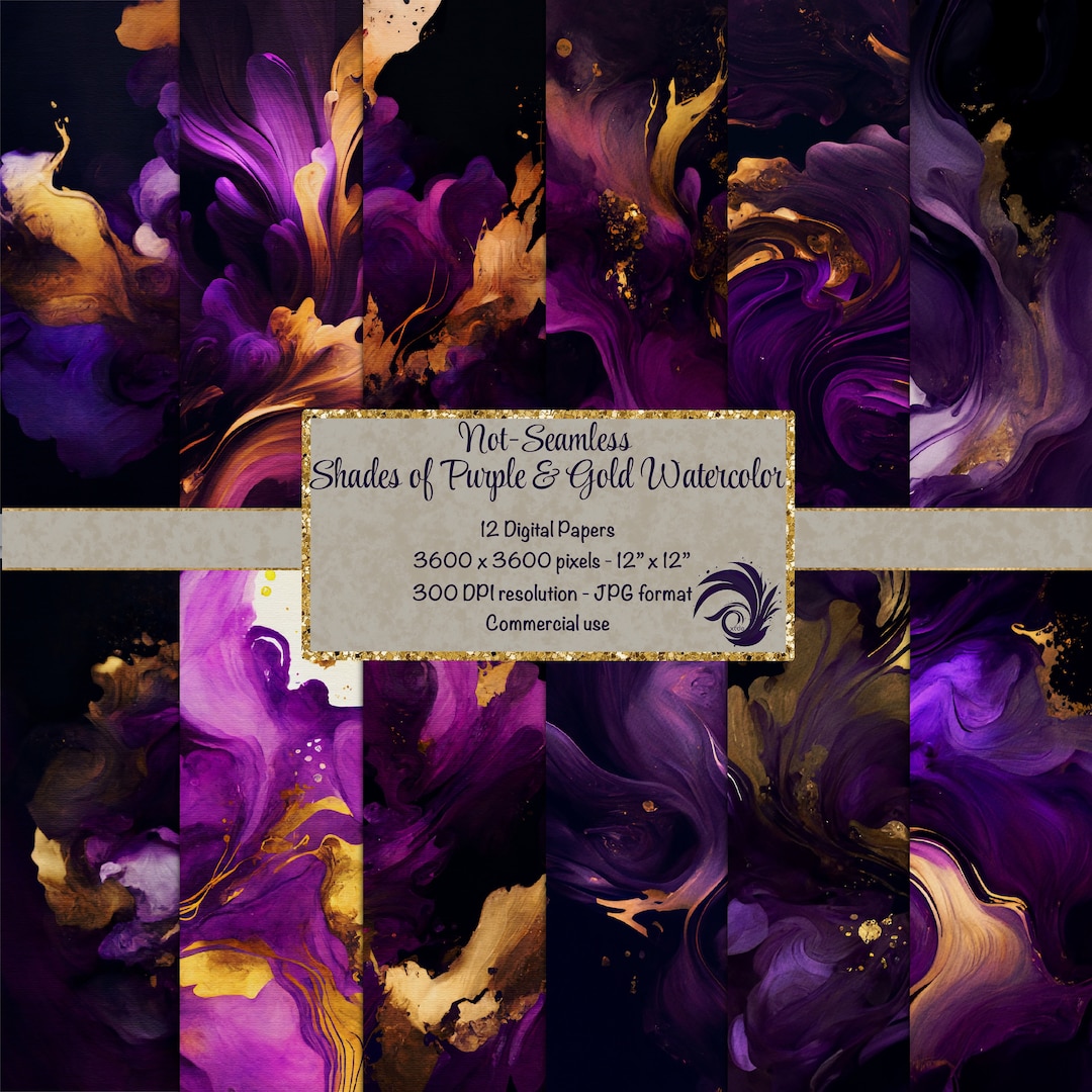 Purple and Gold Watercolor Textures: Shimmering Digital Paper (12x12 ...