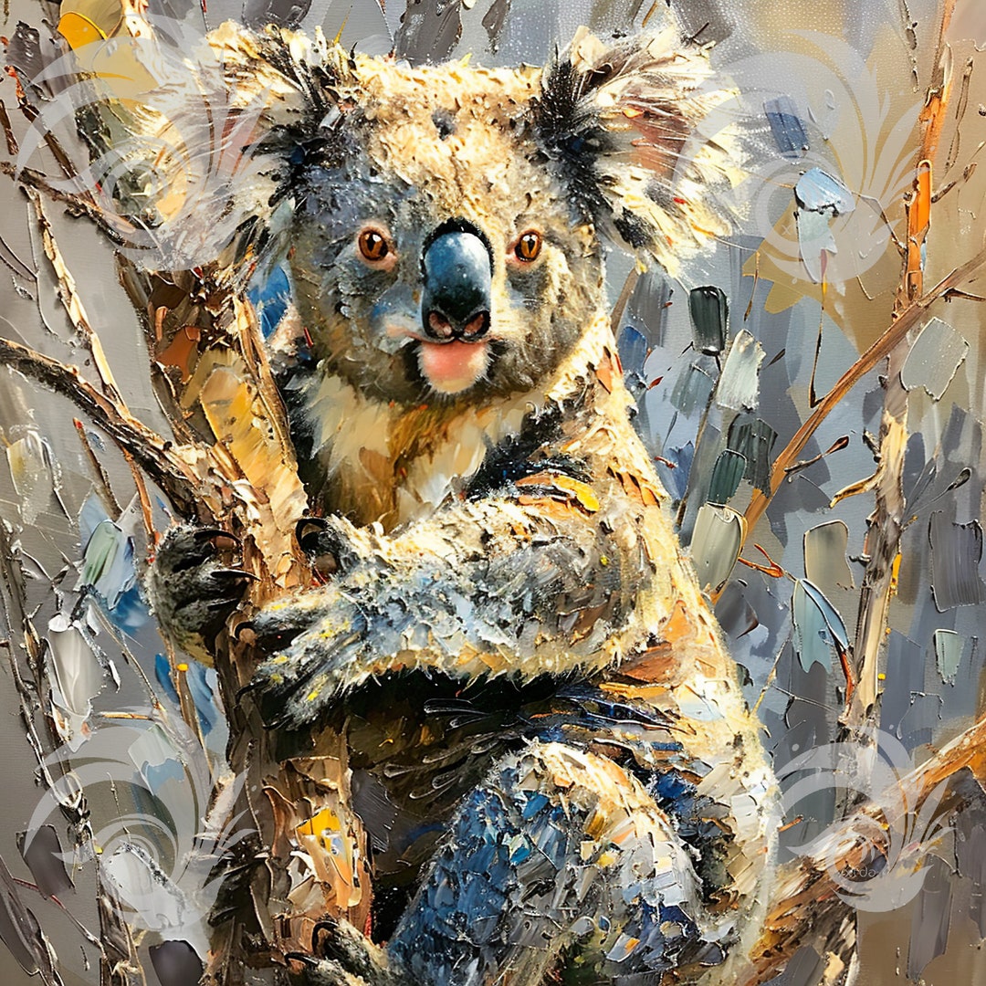 Australian Koala Bear in Blue Gum Tree - Impressionist Oil Painting, a ...