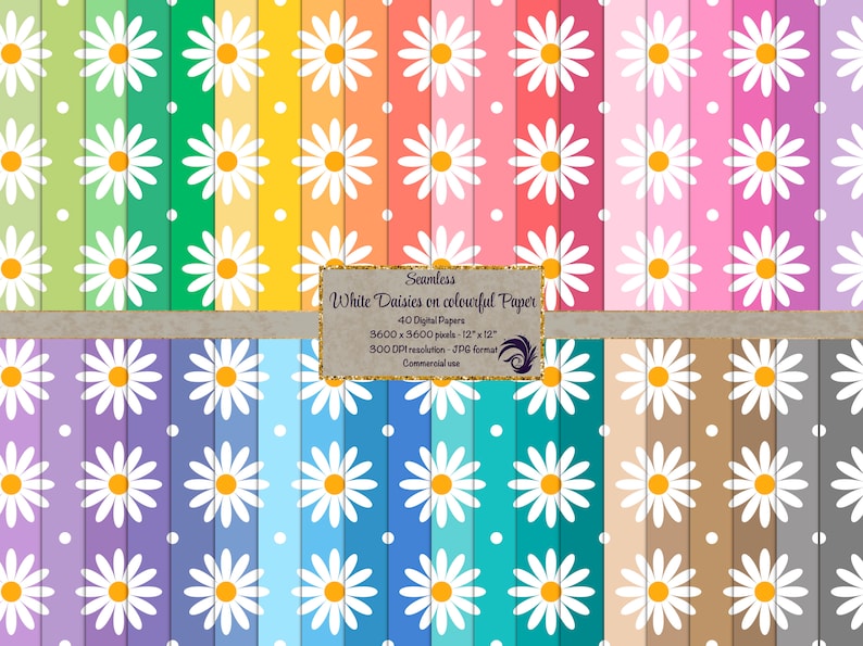 White Daisy Digital Paper Pack 12x12 - 40 Colour Bundle, Cute White ...