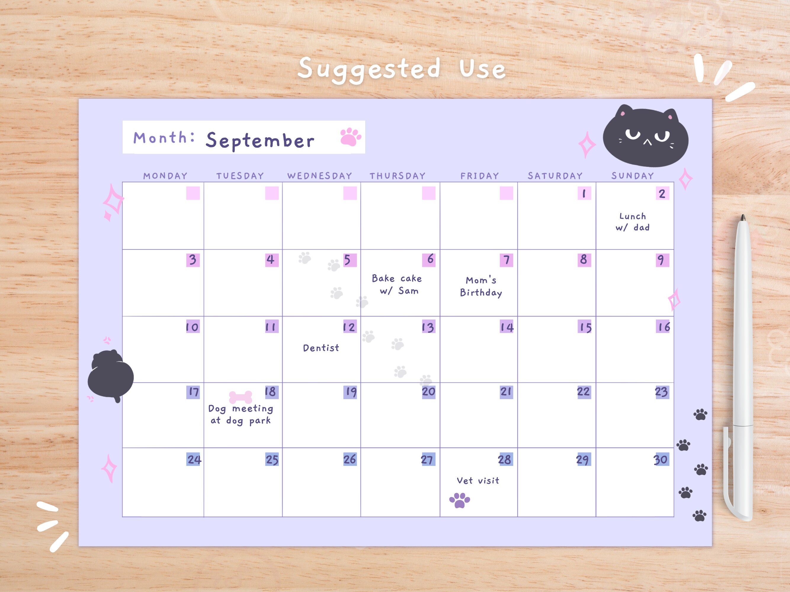 Cute Minimal Purple Cat Halloween Monthly Planner Printable Stationery ...