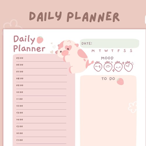 Cute Strawberry Daily Planner Printable Stationary Instant - Etsy